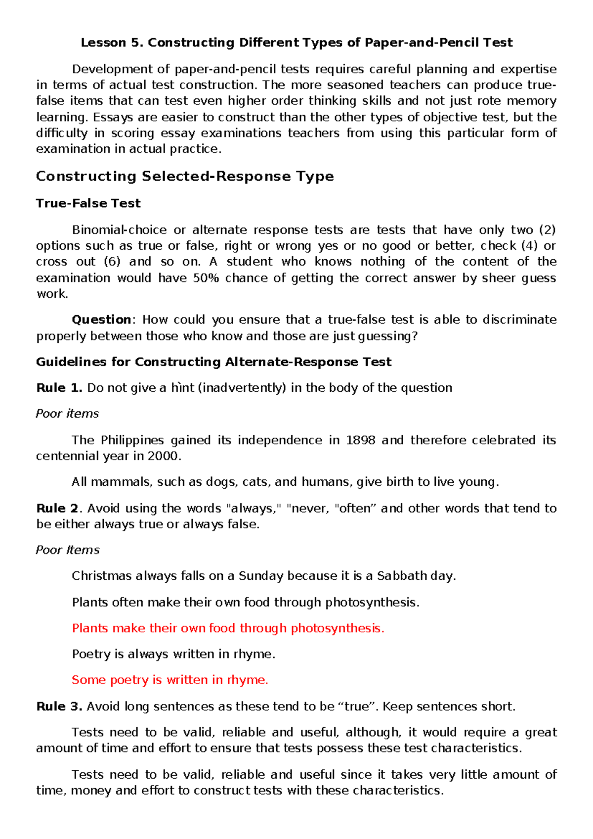 Lesson 5: Test Development Guidelines for Assessment 1 - Studocu