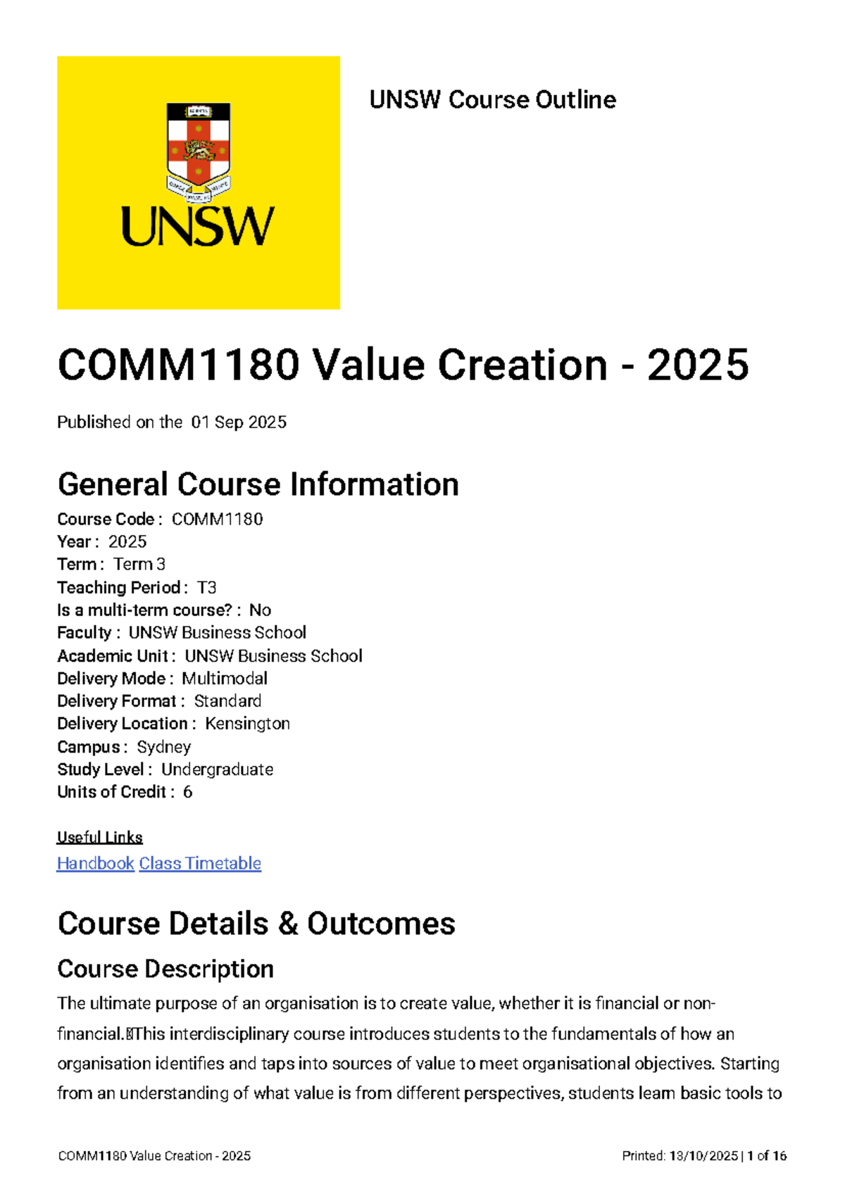 COMM1180 Course Outline: Value Creation for T3 2025 - Studocu