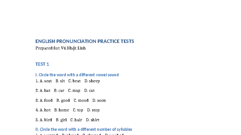 ENGLISH PRONUNCIATION PRACTICE TESTS - TEST 1 - Studocu