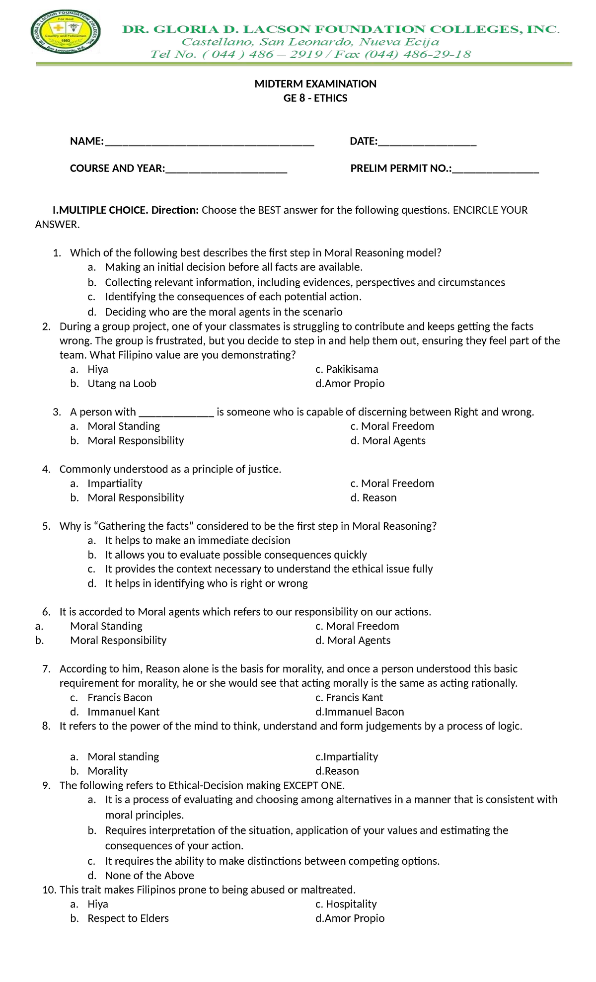 MIDTERM EXAMINATION GE 8: ETHICS MULTIPLE CHOICE QUESTIONS - Studocu