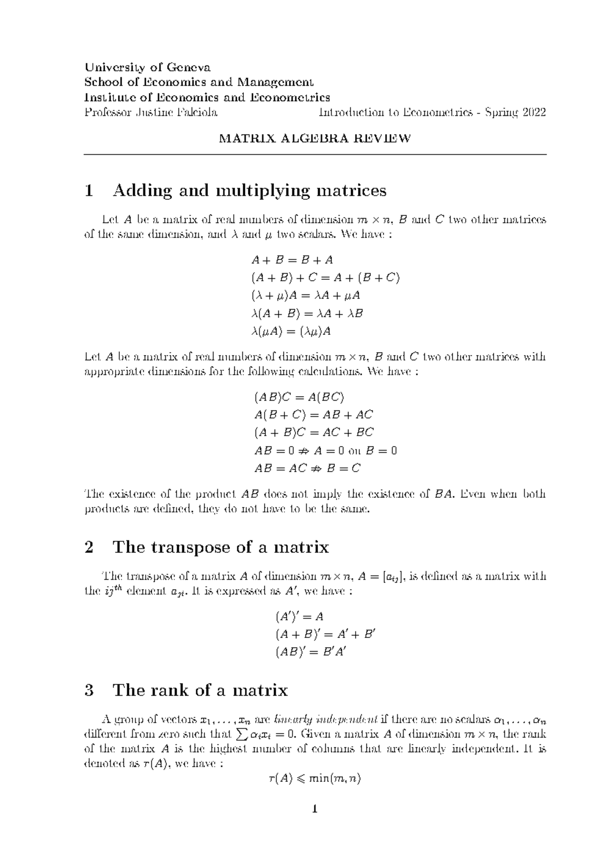 MATRIX ALGEBRA REVIEW - ECONOMETRICS 2022 - Studocu