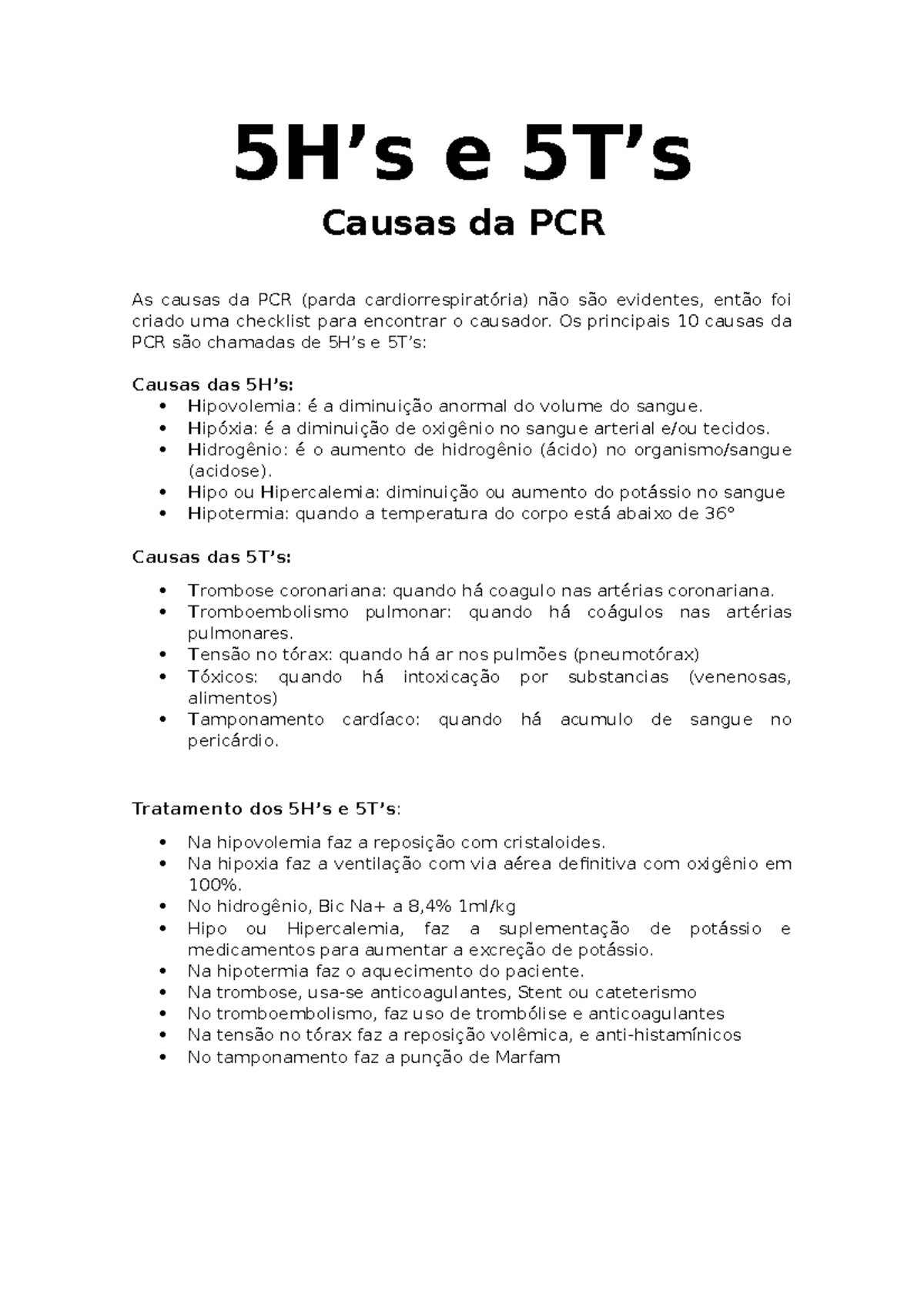 5H's e 5T's - 5H’s e 5T’s Causas da PCR As causas da PCR (parda ...