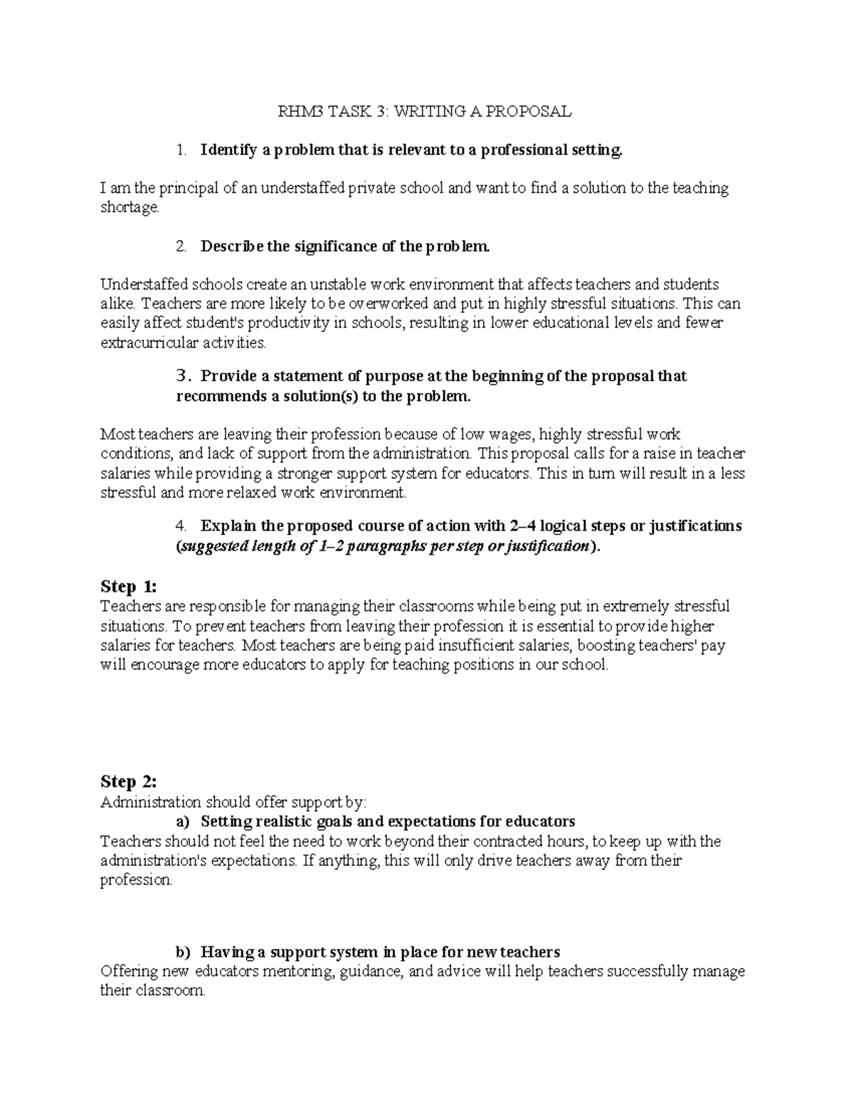 Rhm3 Task 3 Proposal For Improving Teacher Retention Strategies Studocu