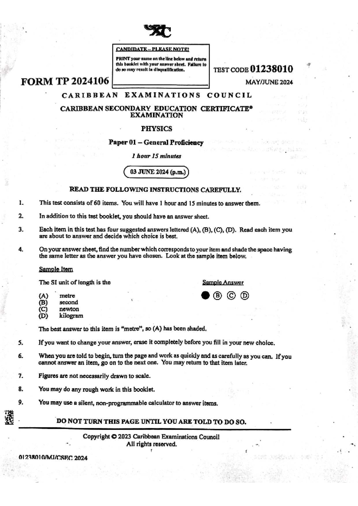 CSEC Physics Paper 01 General Proficiency Test 2024 - Studocu
