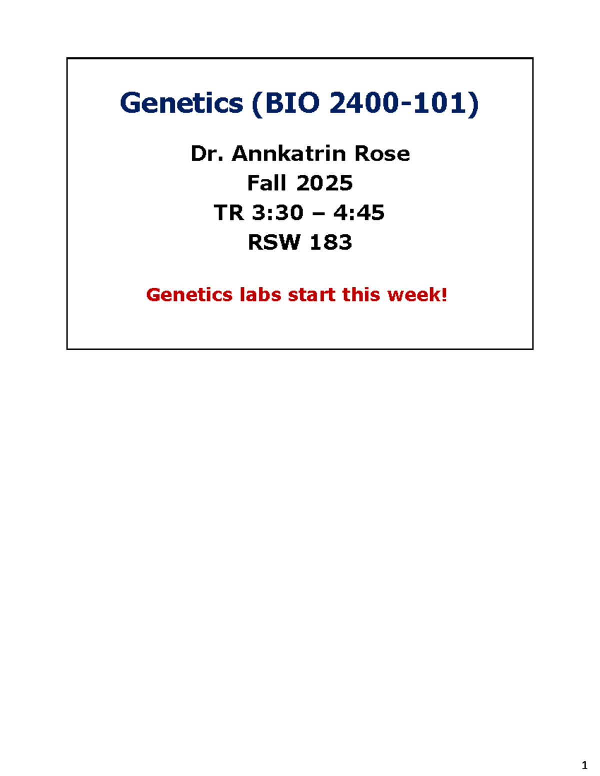 Introduction to Genetics: Key Concepts and Review for BIO 2400-101 ...
