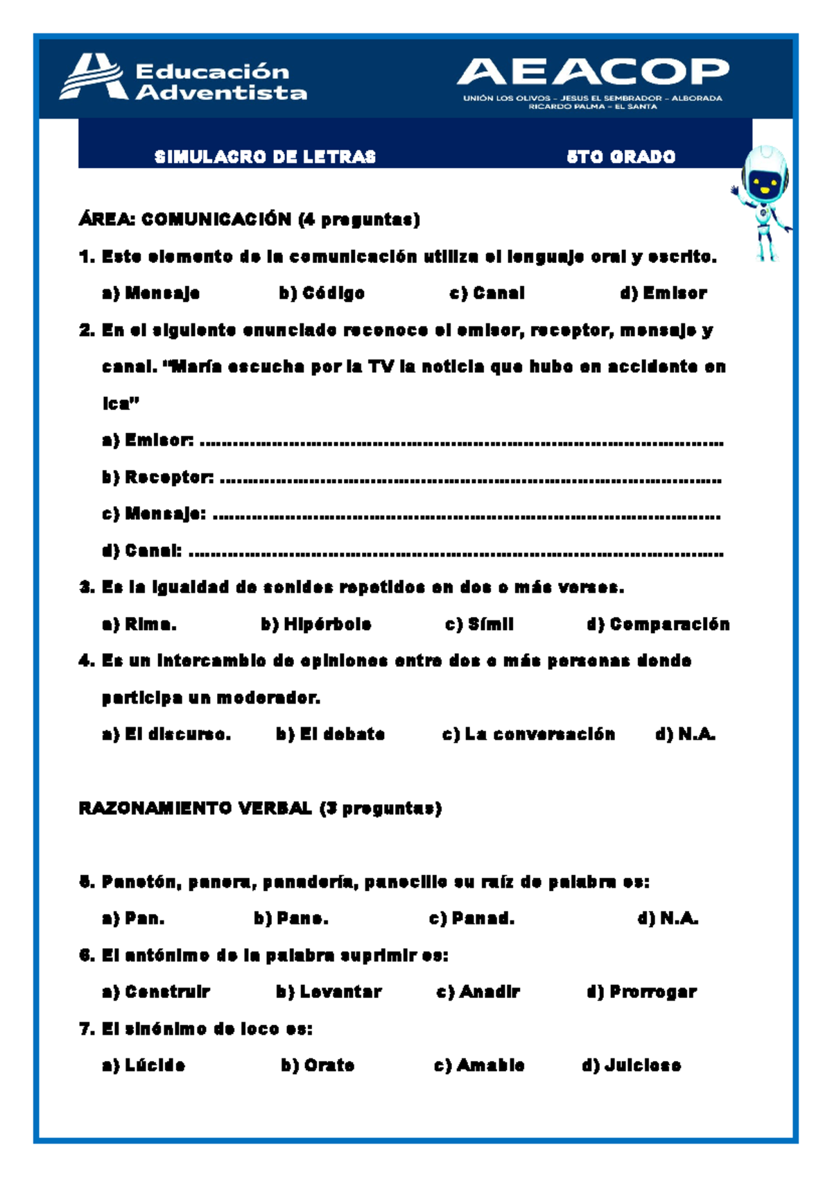 Simulacro de Letras 5to Grado - Examen de Comunicación y Más - Studocu
