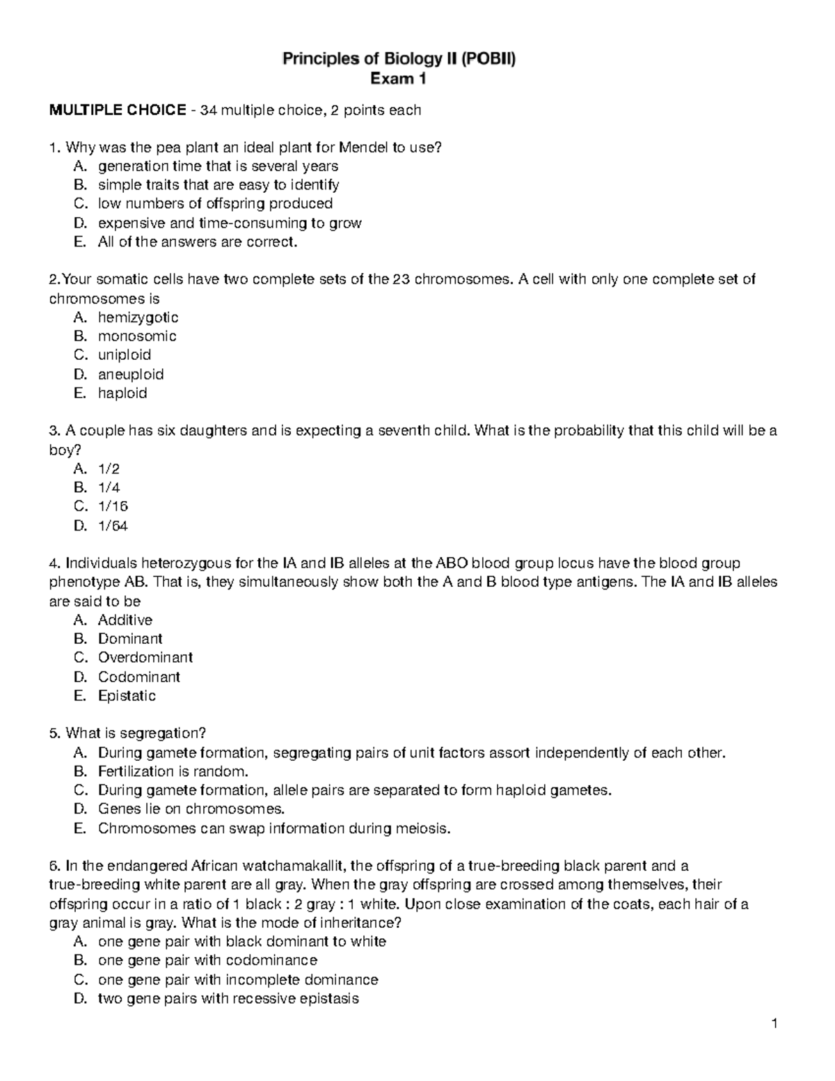 POB2 Exam 1A - Genetics Multiple Choice Practice Questions - Studocu
