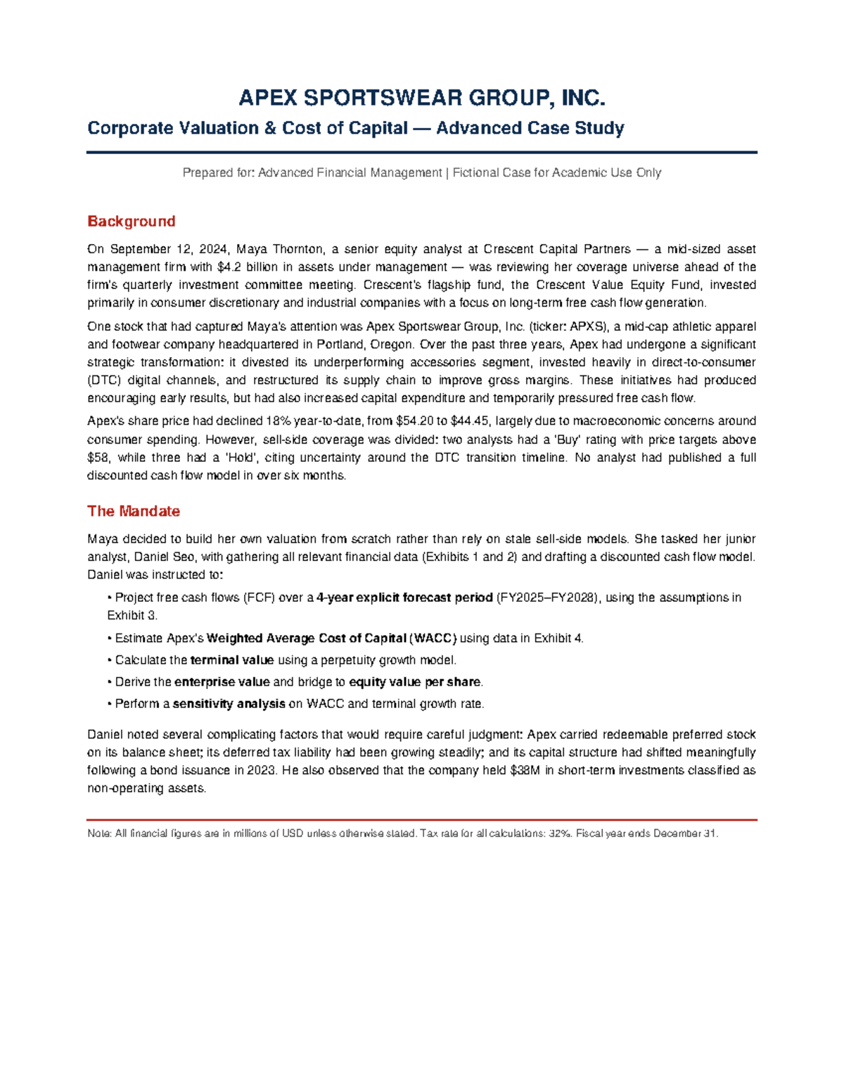 APEX 2024: Corporate Valuation & Cost of Capital Case Study - Studocu