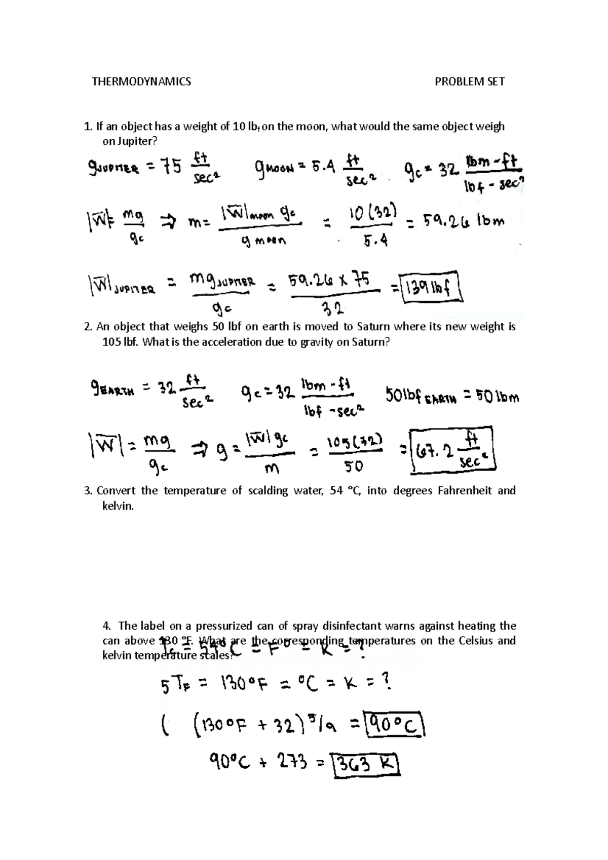 Thermodynamics PROB SET 1: Problem Solutions & Analysis - Studocu