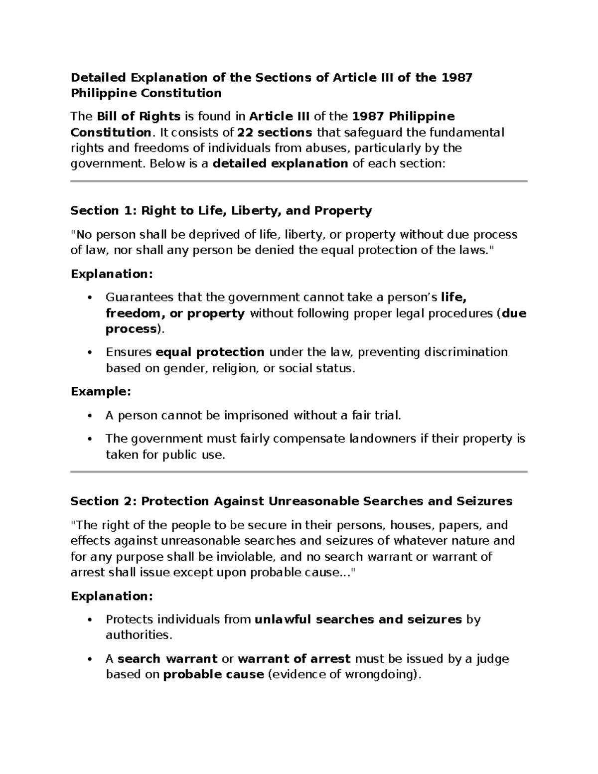 Detailed Analysis of Article III - Philippine Constitution 1987 - Studocu
