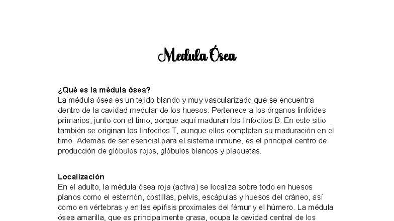 Organos Primarios en Inmunología: Resumen de Médula Ósea y Timo - Studocu