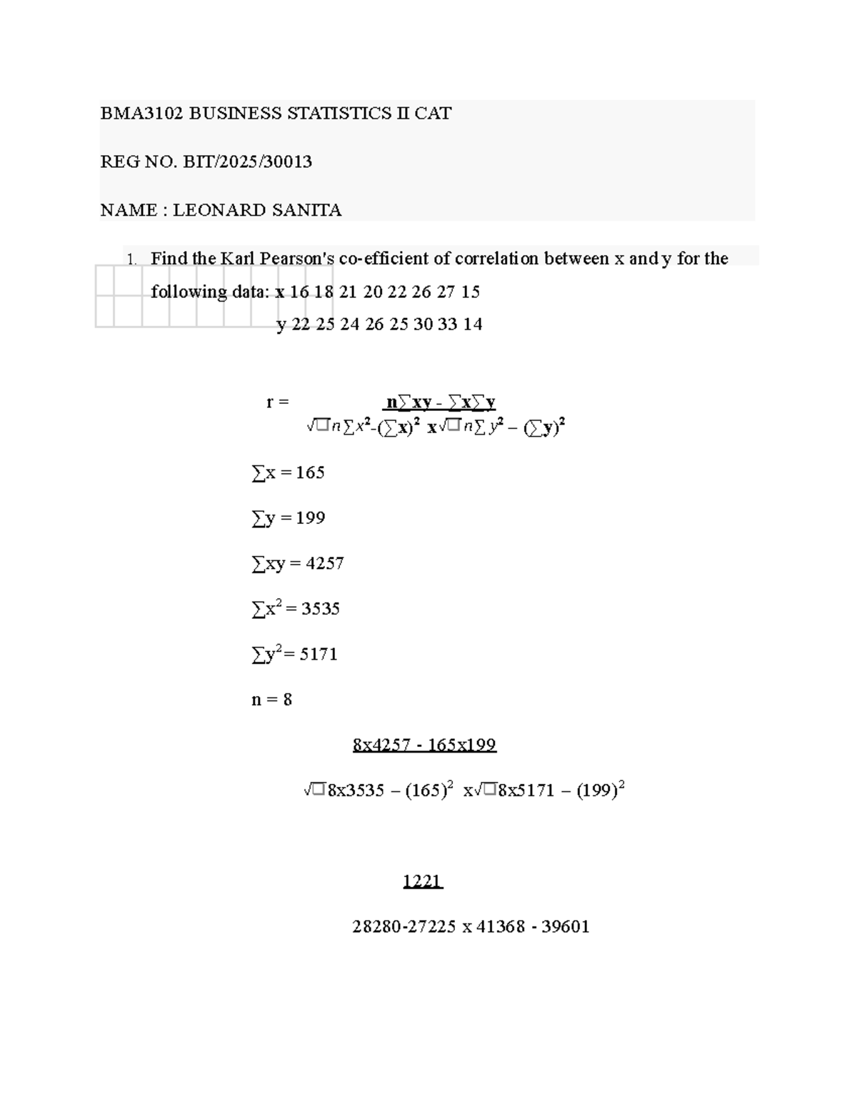 BMA3102 Business Statistics II CAT: Correlation & Hypothesis Testing ...