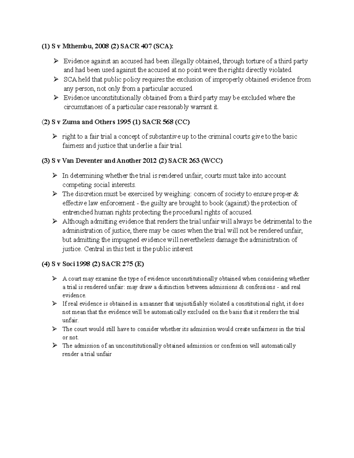 Unconstitutionally Obtained Evidence Case Law - (1) S v Mthembu, 2008 ...