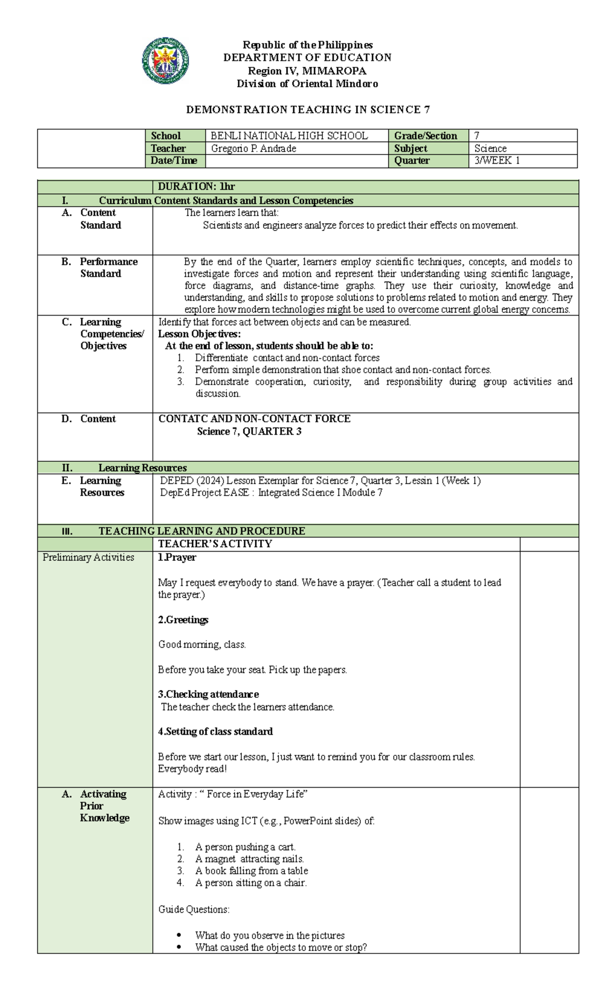 Final Demo Lesson Plan: Contact and Forces for Science 7 - Studocu
