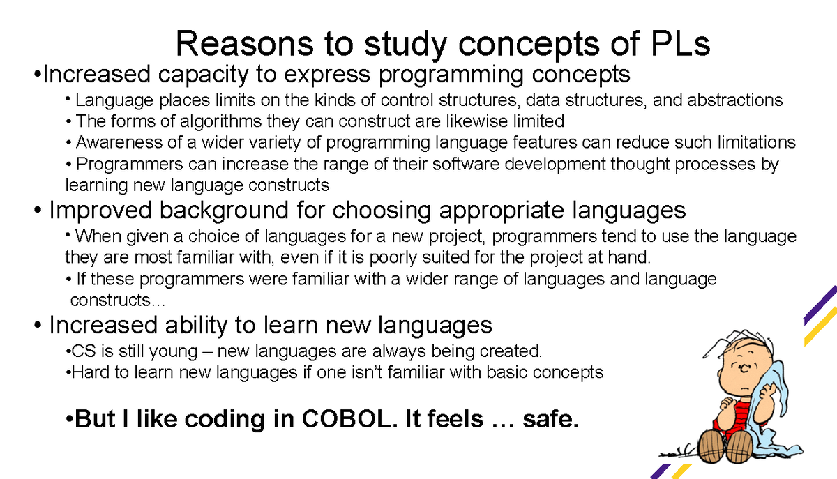 Programming Languages Concepts: Evaluation, Design, and Domains (PL 101 ...