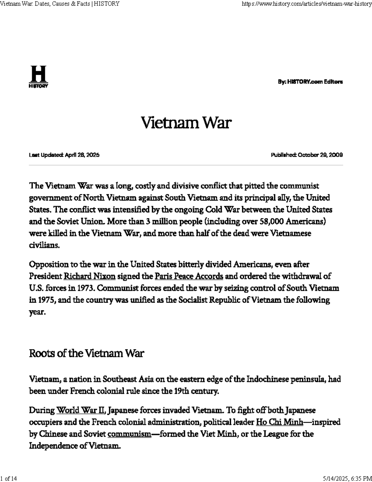 Vietnam War Overview: Key Dates, Causes, and Facts - HISTORY 1-14 - Studocu
