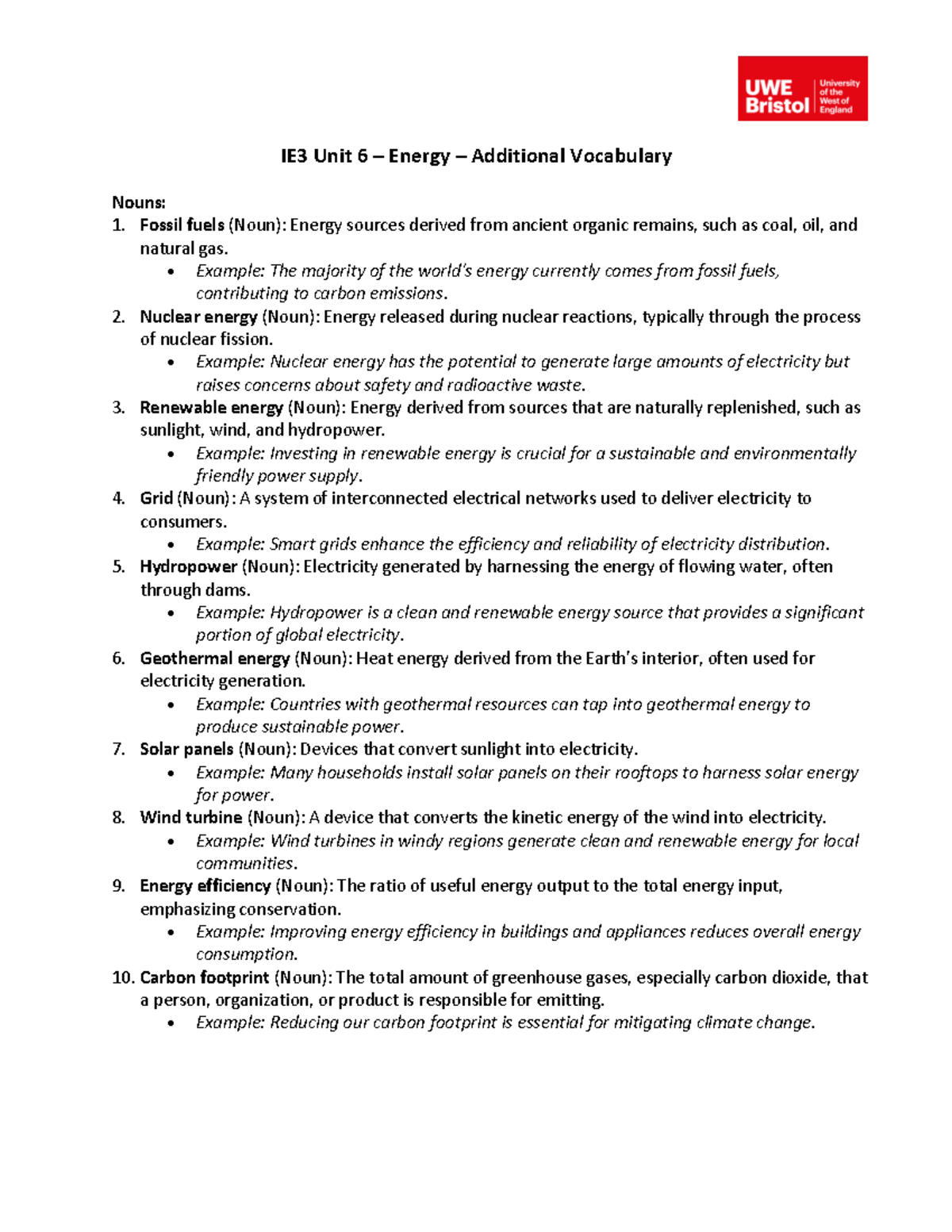 IE3 Unit 6 - Energy - Useful Vocabulary - IE3 Unit 6 – Energy ...