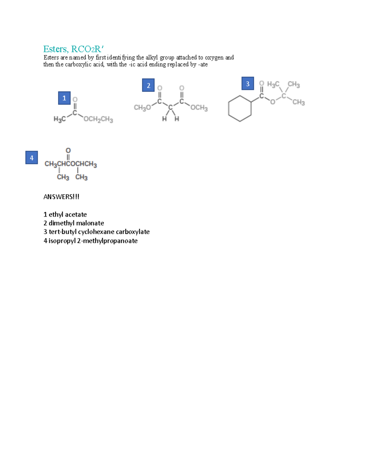 Esters worksheet - General Chemistry - Esters, RCO 2 R′ Esters are ...