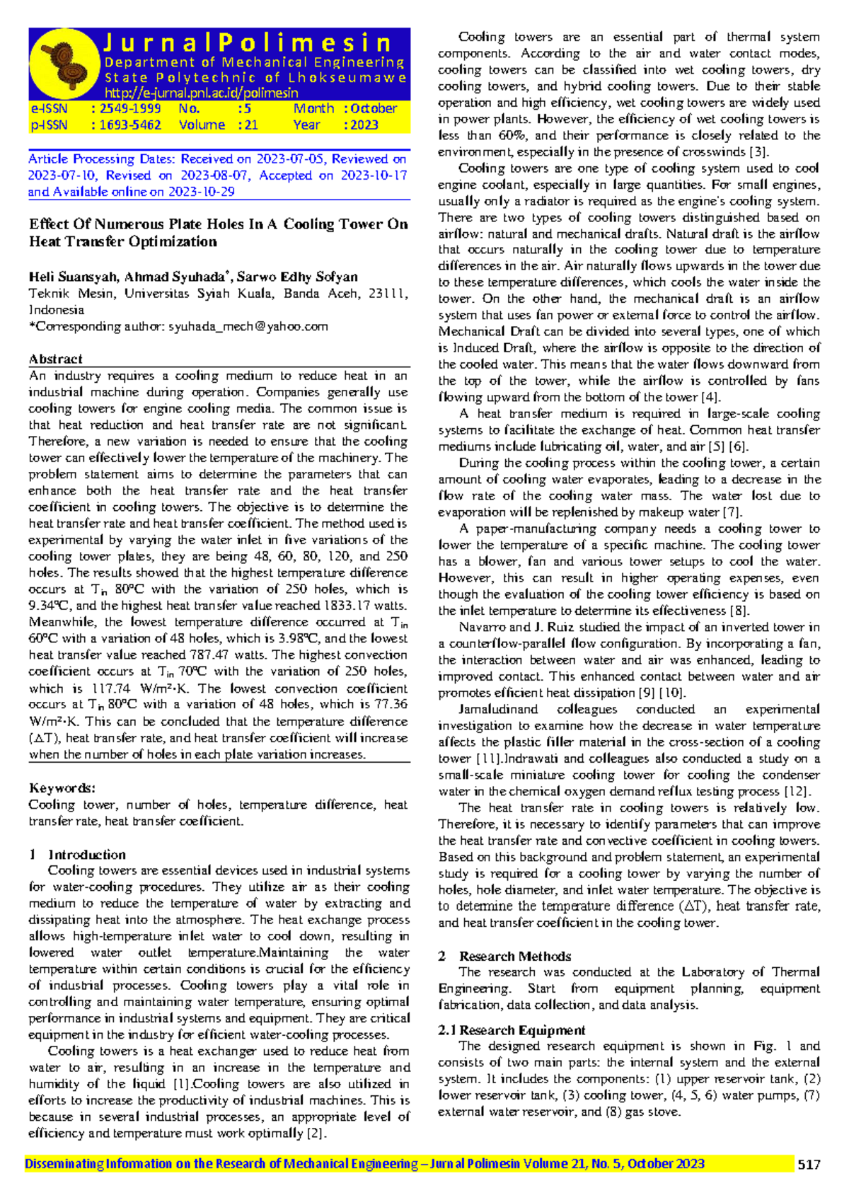 Effect of Plate Hole Variations on Cooling Tower Heat Transfer (ME 2023 ...