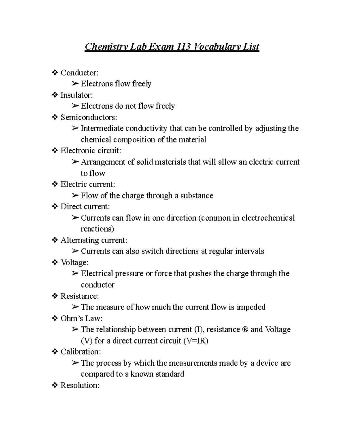 Chemistry Lab Exam 113 Vocabulary Terms and Definitions List ...