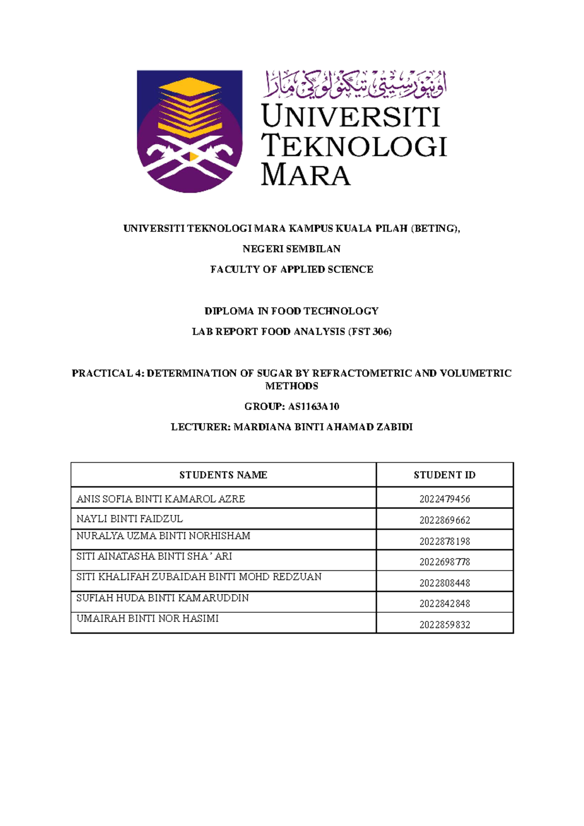 LAB Report FST 306: Sugar Analysis Using Refractometric & Volumetric ...