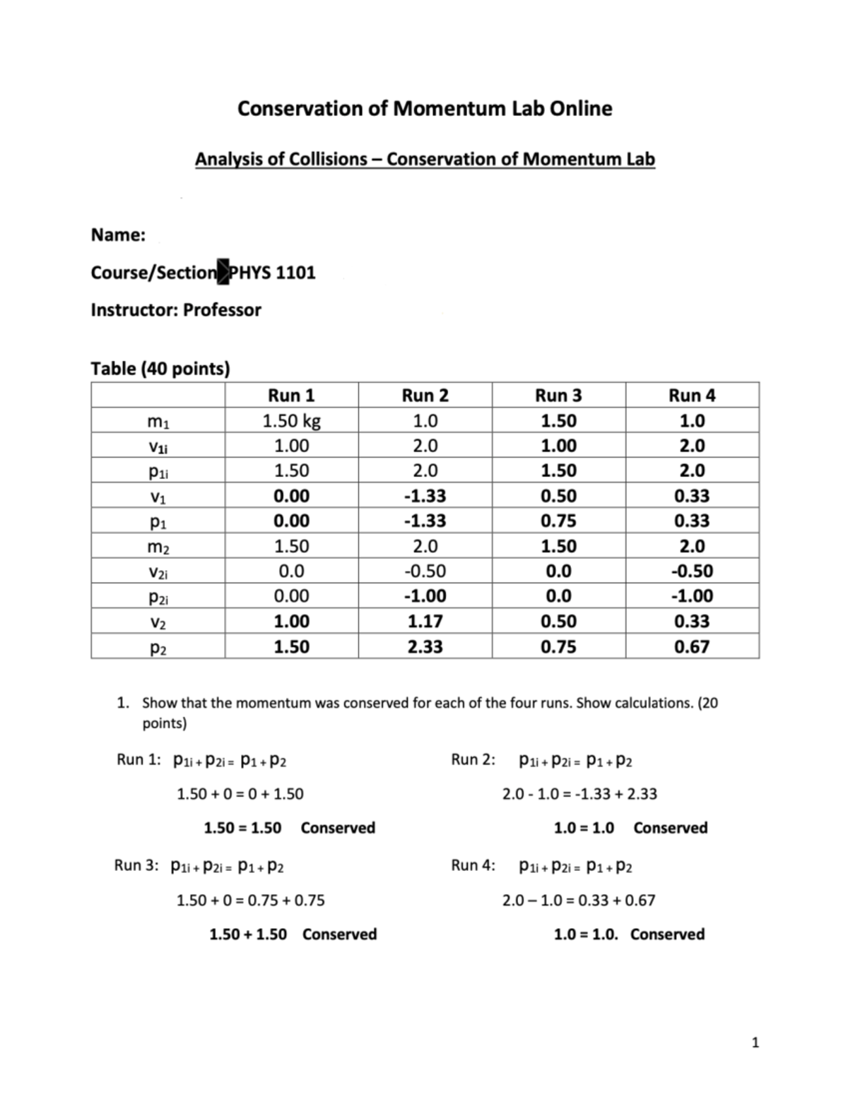 PHYS 1101 Conservation of Momentum Lab Report Analysis - Studocu