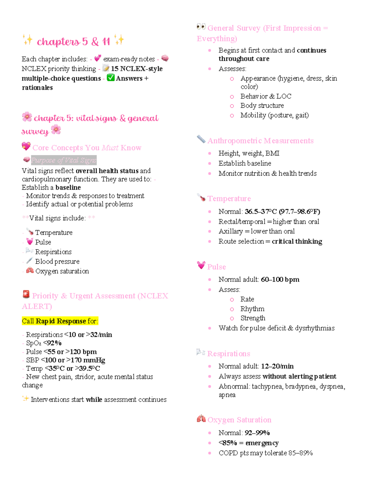 Ch 5 & 11 Review: Vital Signs & Skin Assessment Notes - Studocu