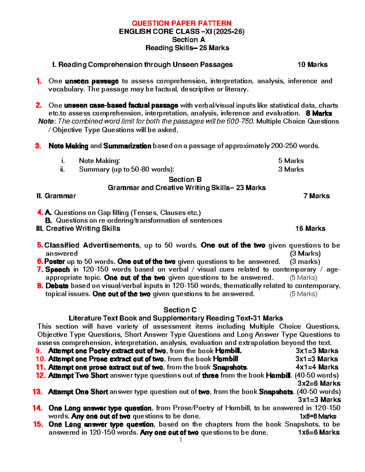 Class 11 English CORE: Syllabus & Question Paper Pattern - Studocu