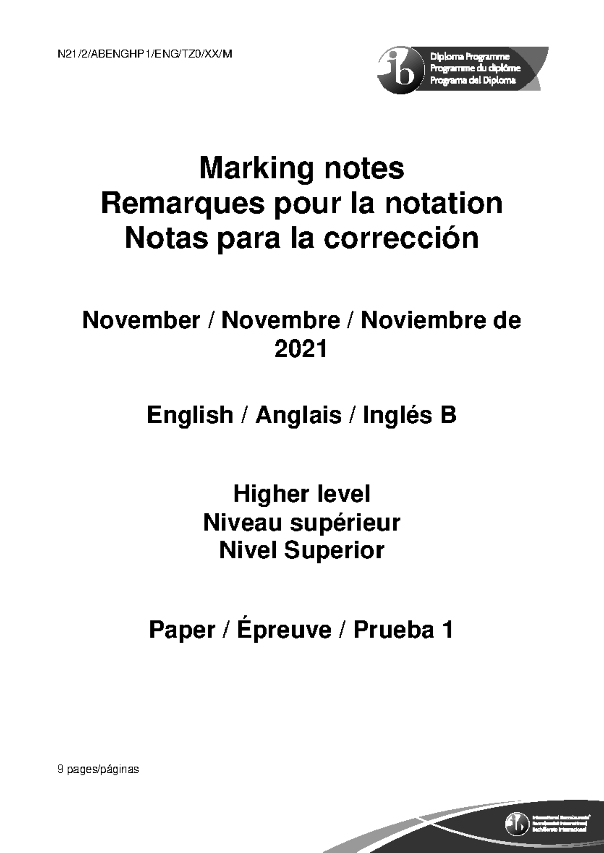 English B HL Paper 1 Marking Scheme - November 2021 - Studocu