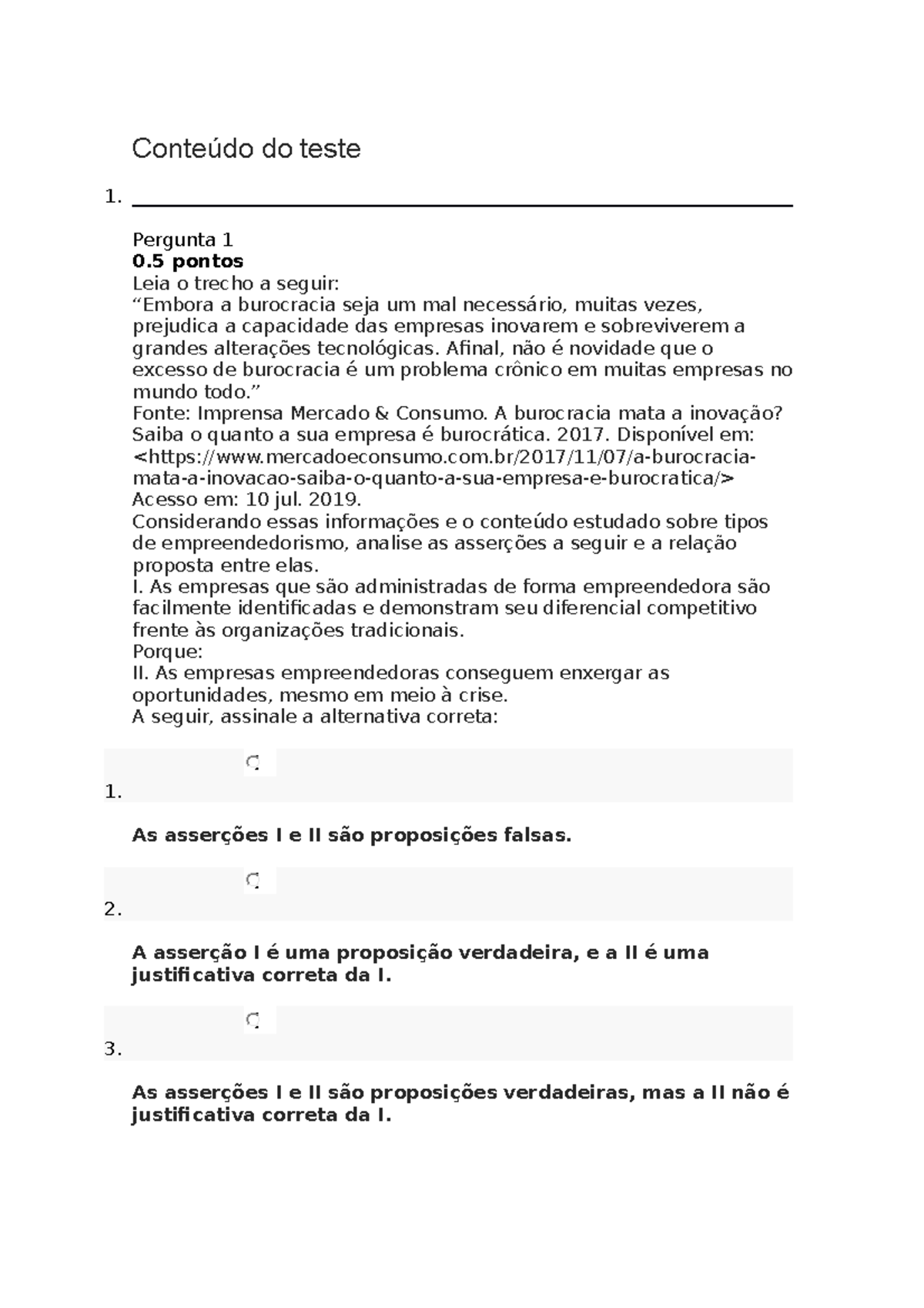 Emprendedorismo - Prova AV1: Questões Objetivas e Análise Crítica - Studocu
