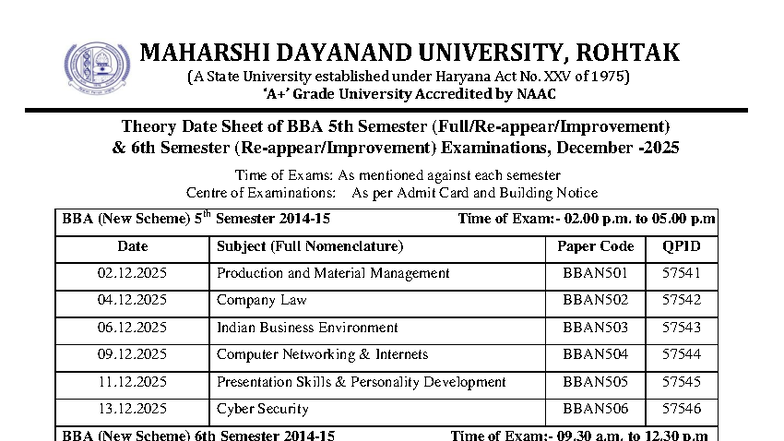 BBA 5th & 6th Sem Exam Date Sheet - Dec 2025 - Studocu