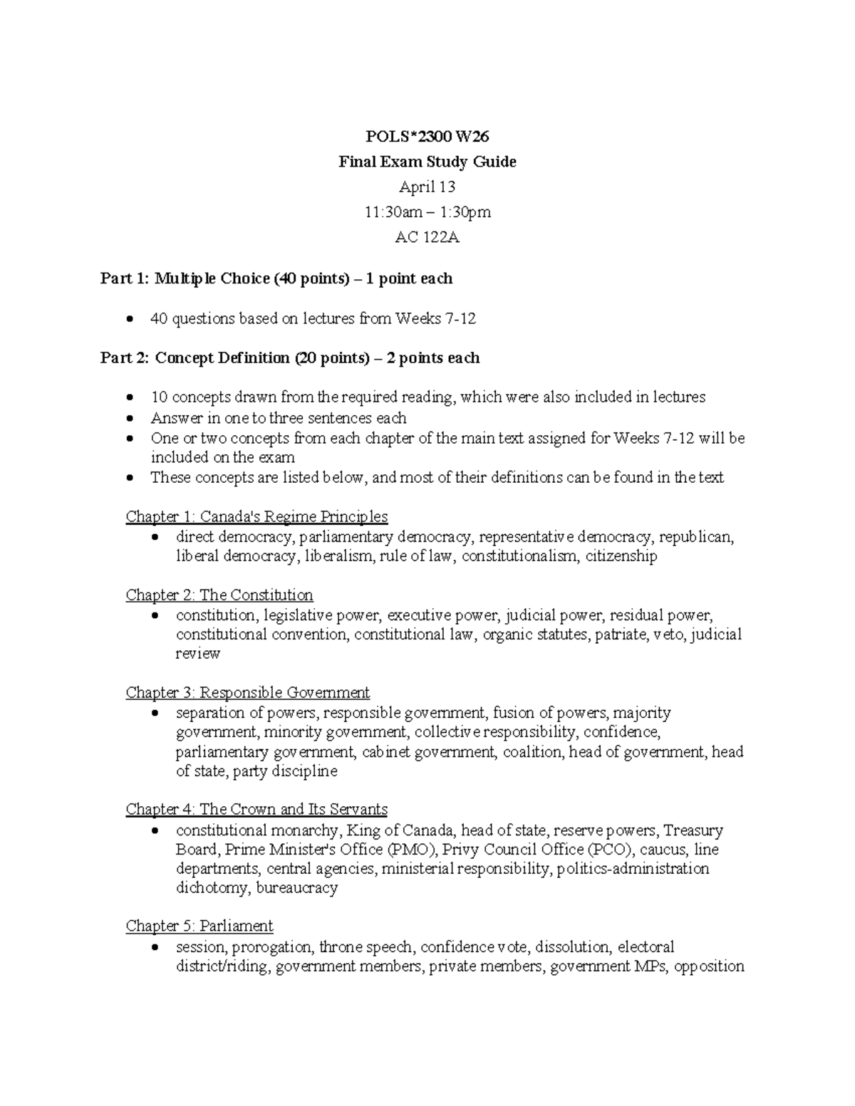 POLS 2300 W26 Final Exam Study Guide: Key Concepts & MCQs - Studocu