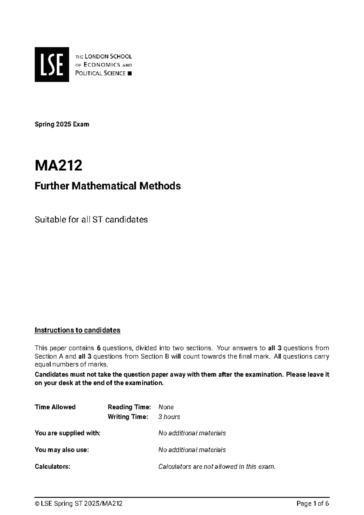 Spring 2025 Final Exam MA212: Further Mathematical Methods - Studocu