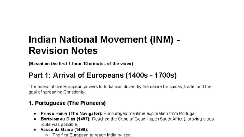 Indian National Movement (INM) Revision Notes: European Arrival ...