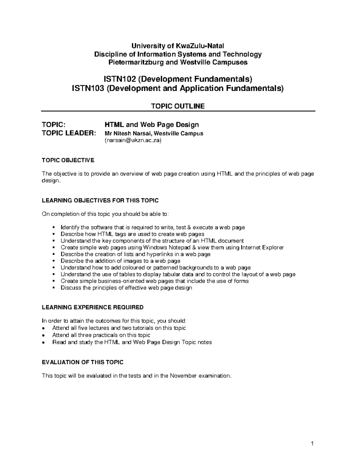 ISTN102/ISTN103 HTML & Web Page Design Topic Outline - Studocu