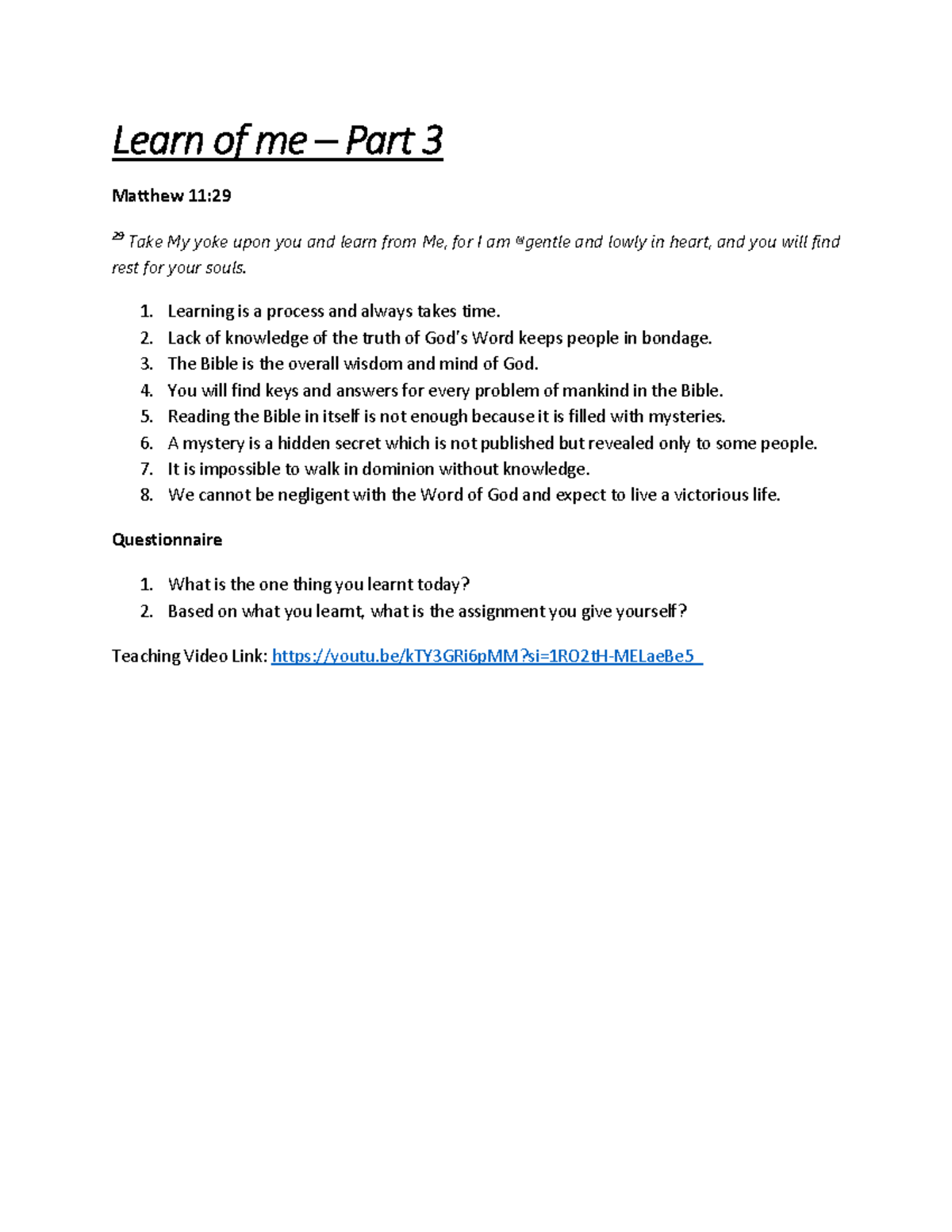 3. Learn of Me - 12th - 16th Nov - Learn of me – Part 3 Matthew 11: 29 ...