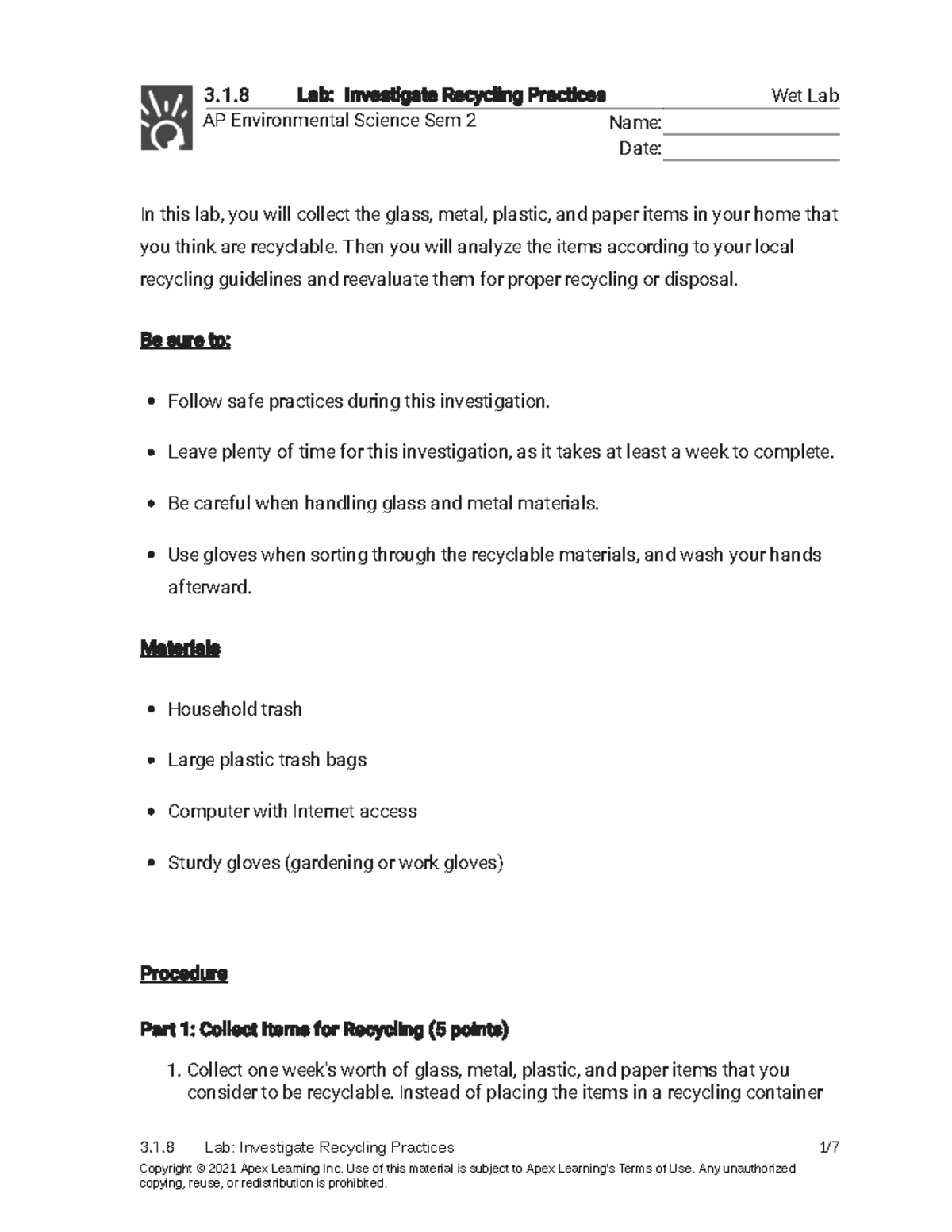 3.1.8 Lab: Analyzing Local Recycling Practices in AP Environmental ...