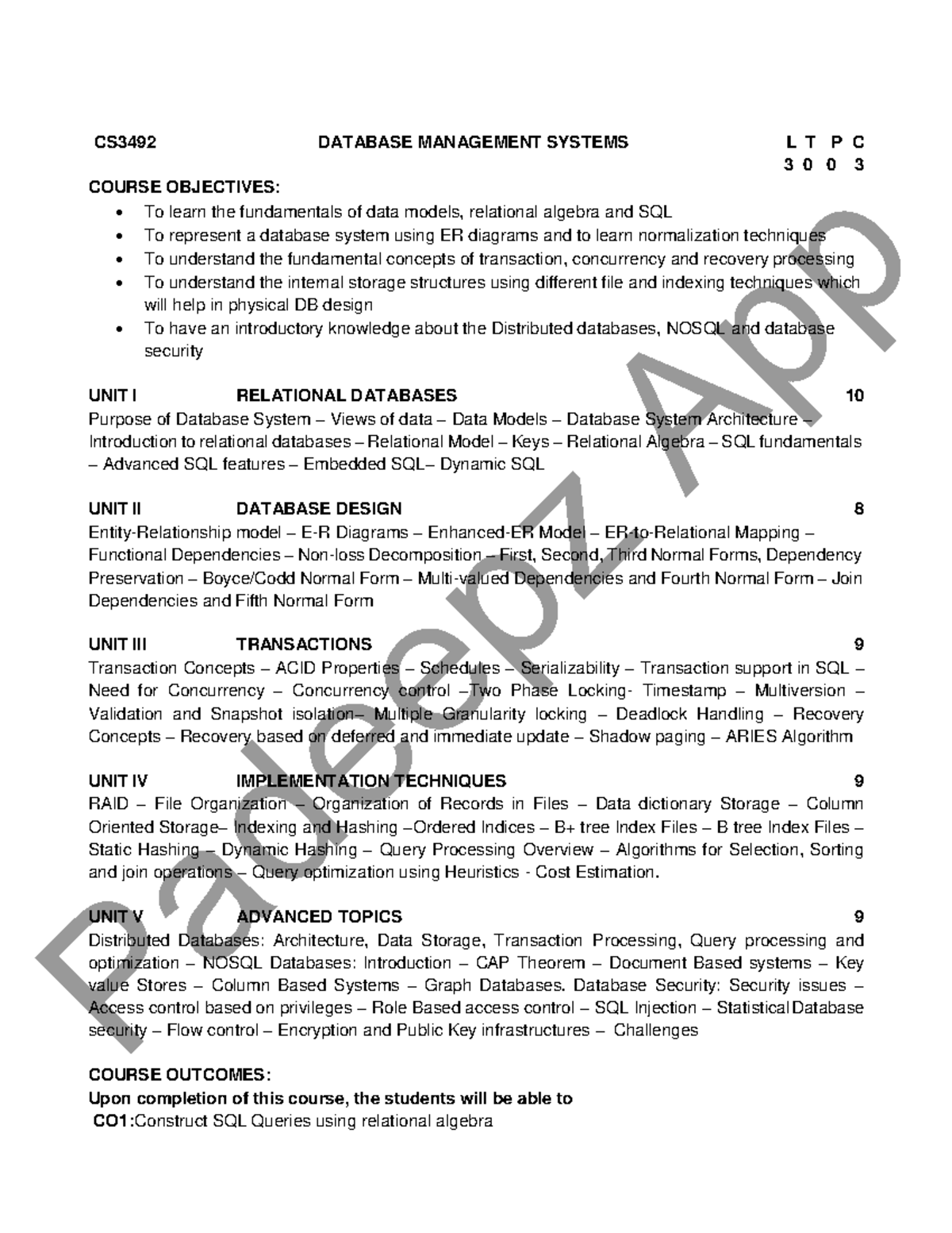 CS3492 Database Management Systems Syllabus and Course Objectives - Studocu