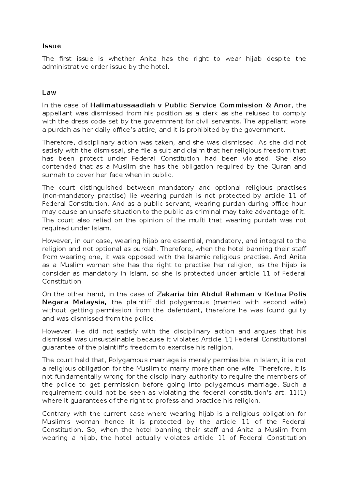 Legal Analysis on Hijab Rights: Tutorial Qns for Consti Week 3 - Studocu