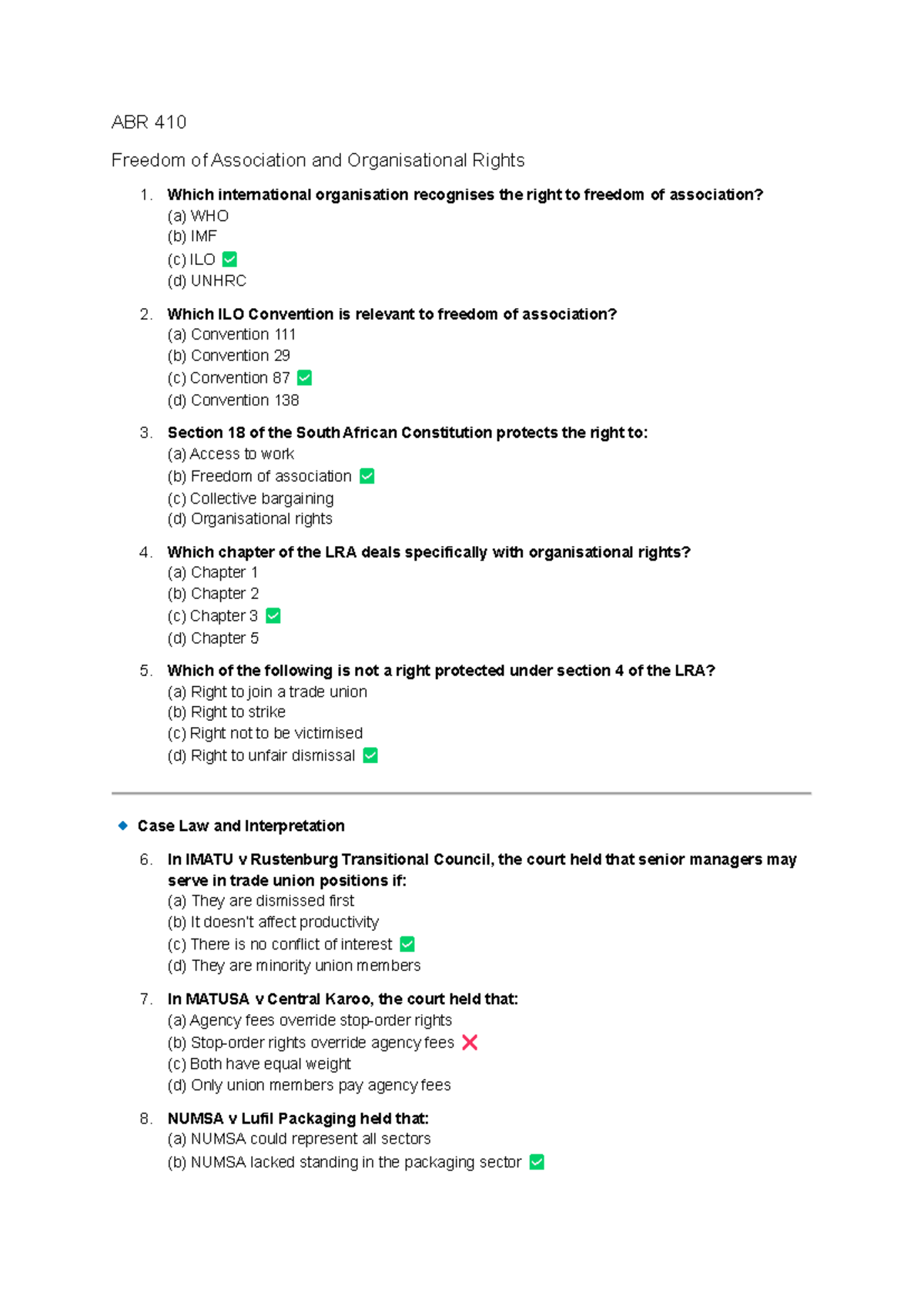 ABR 410 Final Exam: Freedom of Association & Organisational Rights ...