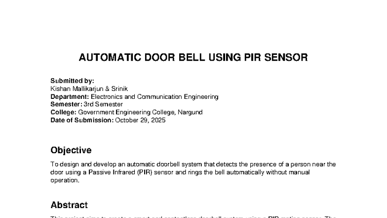 Automatic Door Bell System Using PIR Sensor - ECE 3rd Sem - Studocu