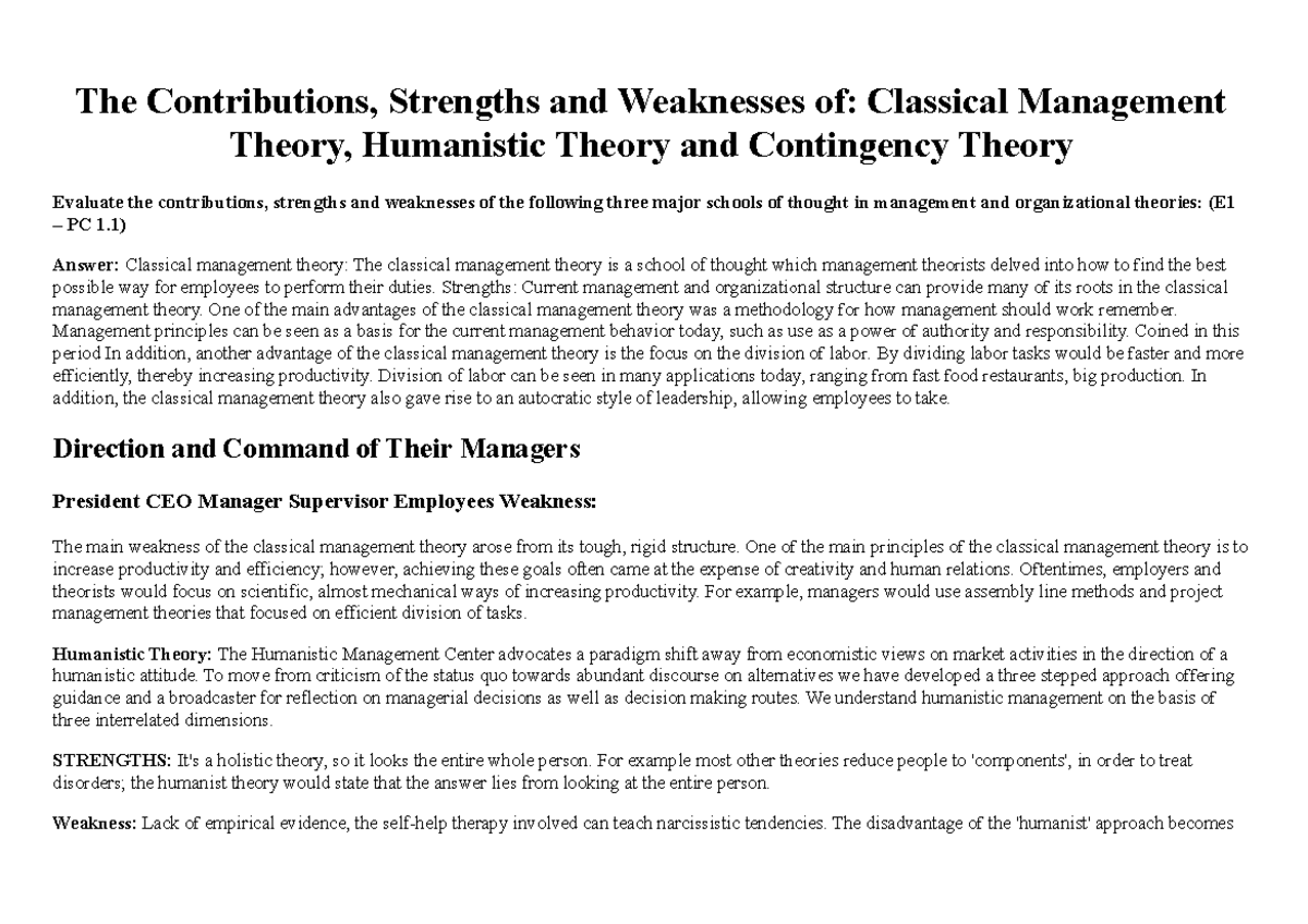 Classical Management Theory: Strengths & Weaknesses Analysis, Hum (2 ...