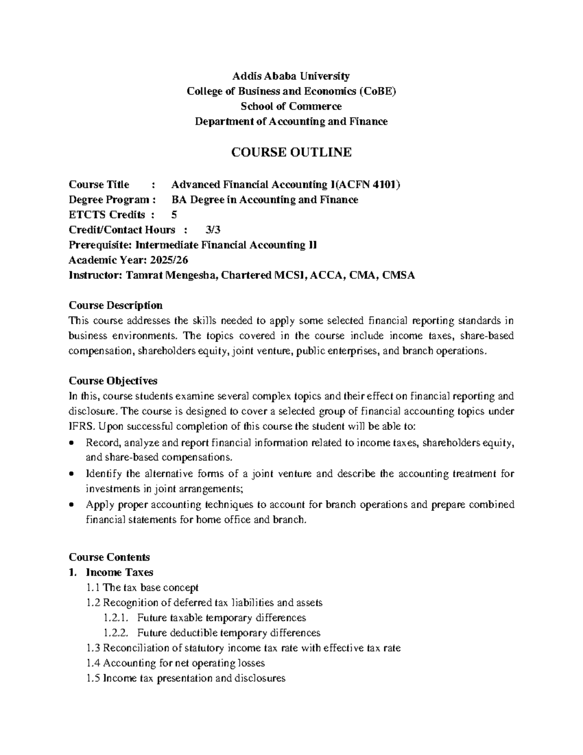 Advanced Financial Accounting I (ACFN 4101) Course Outline 2025-26 - Studocu