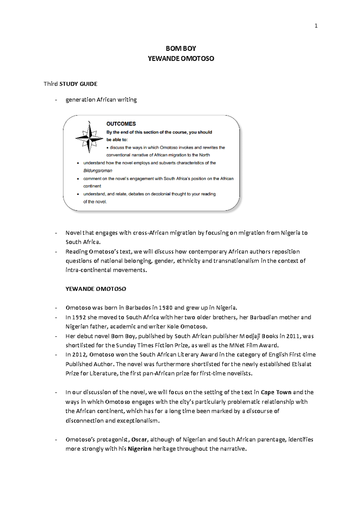 BOM BOY by Yewande Omotoso - An Analytical Study Guide - Studocu