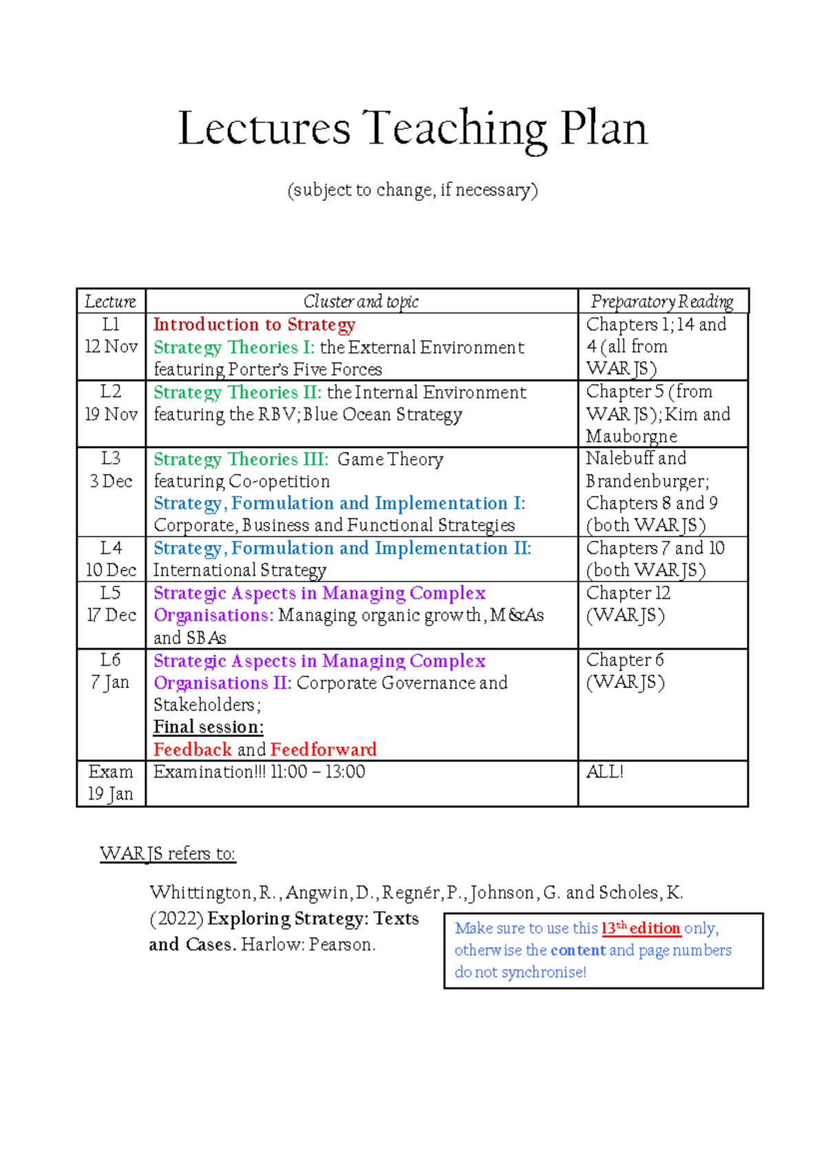 ECB3SM 2025 Lecture Teaching Plan: Strategy Theories & Implementation ...