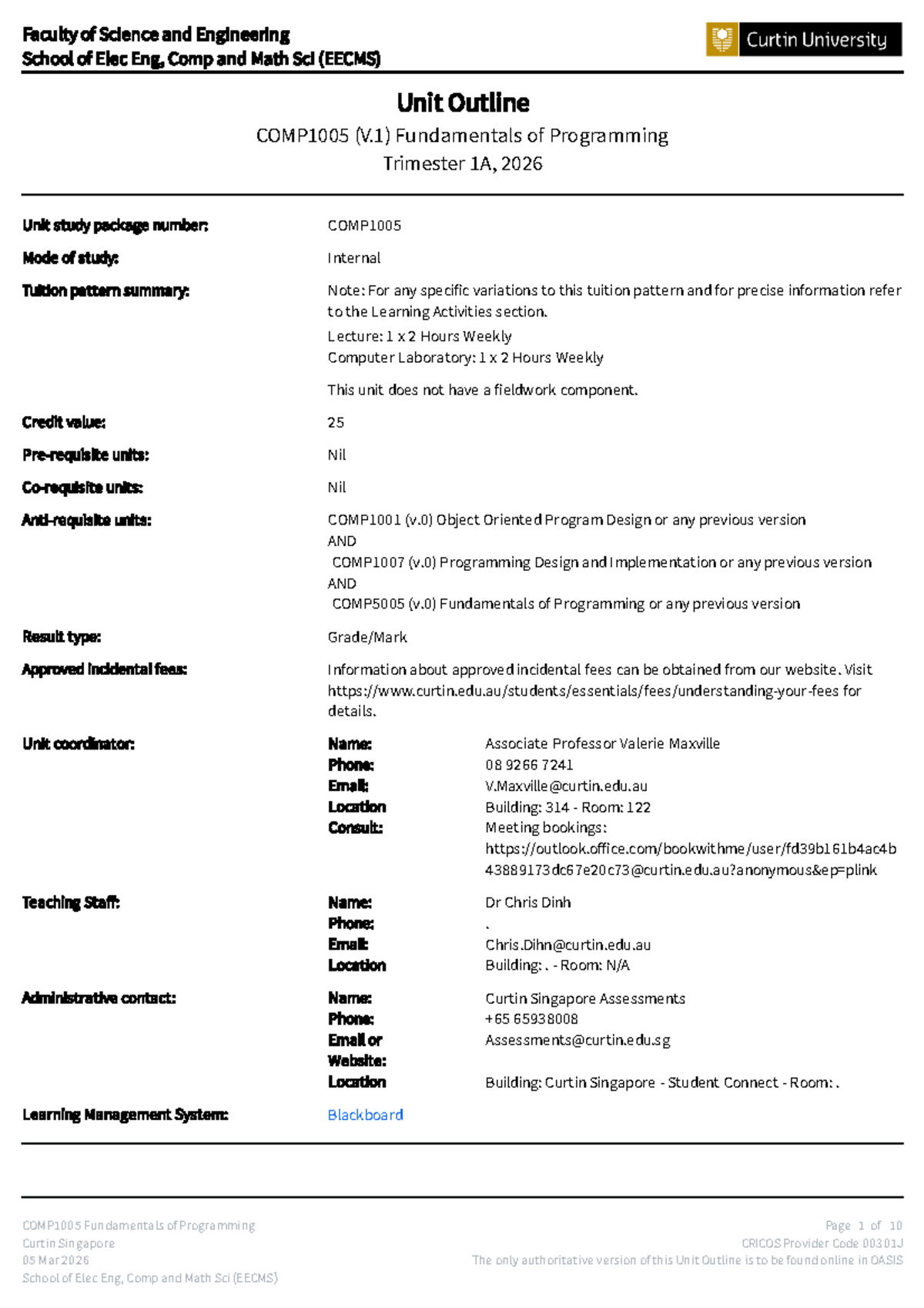 COMP1005 Unit Outline: Fundamentals of Programming 1A 2026 - Studocu