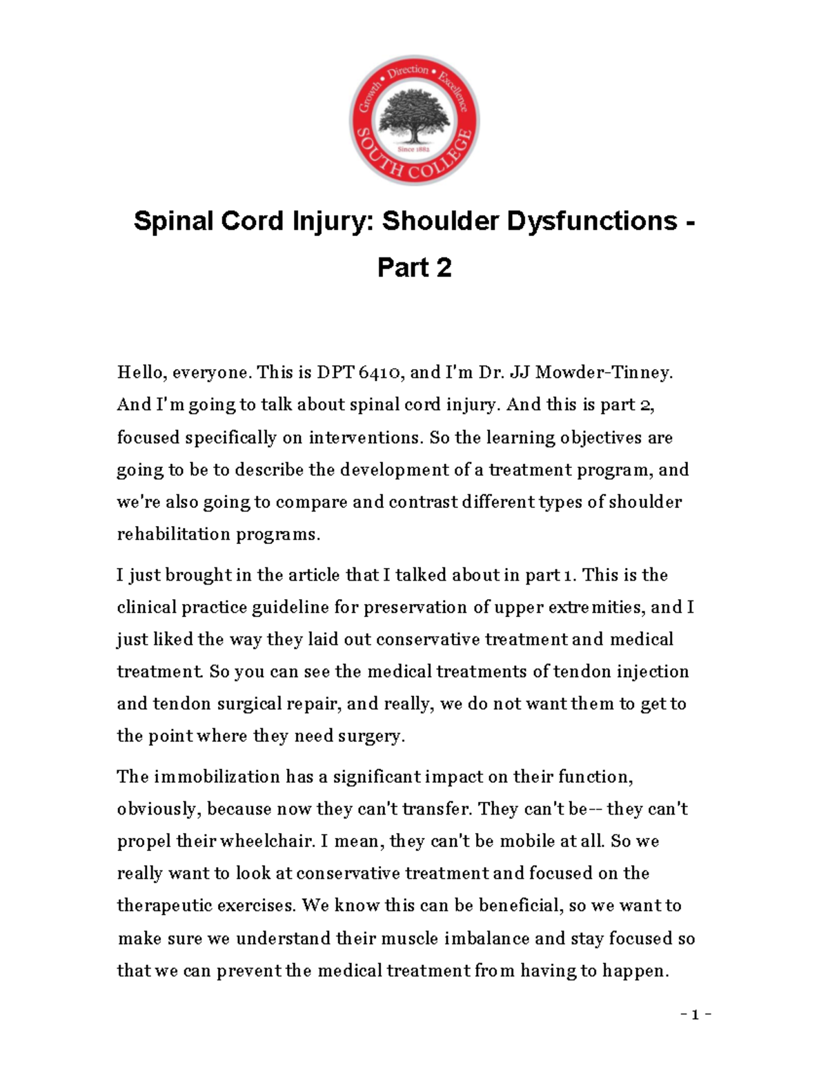 DPT 6410: Interventions for Shoulder Dysfunction Post Spinal Cord ...