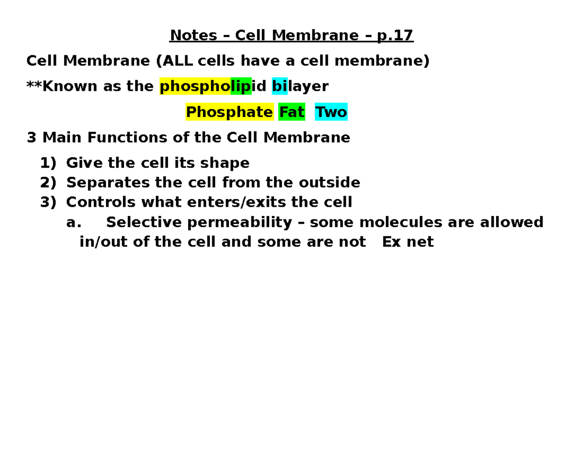 Cell Membrane Notes - Key Functions and Structure Overview - Notes ...