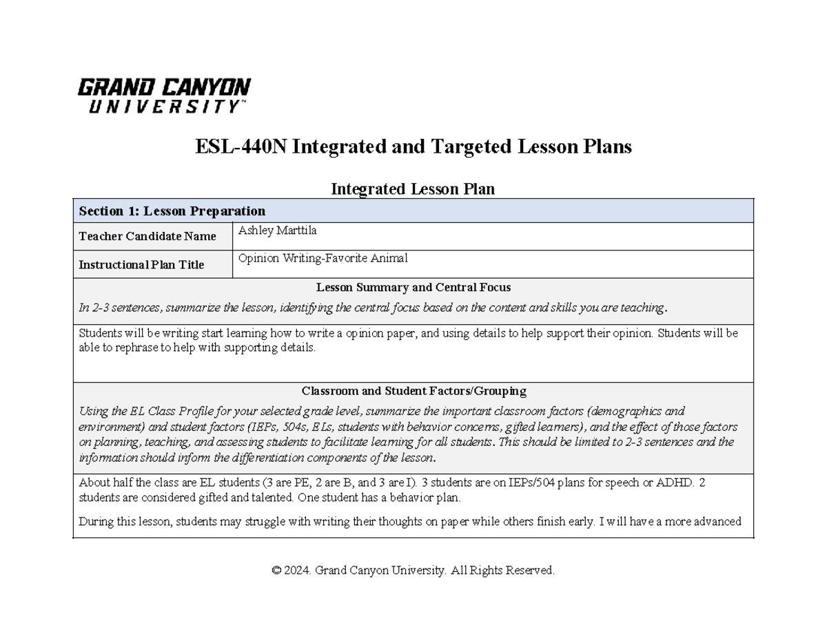 Integrated and Targeted Lesson Plans: Opinion Writing for ELs (EDU 2024 ...