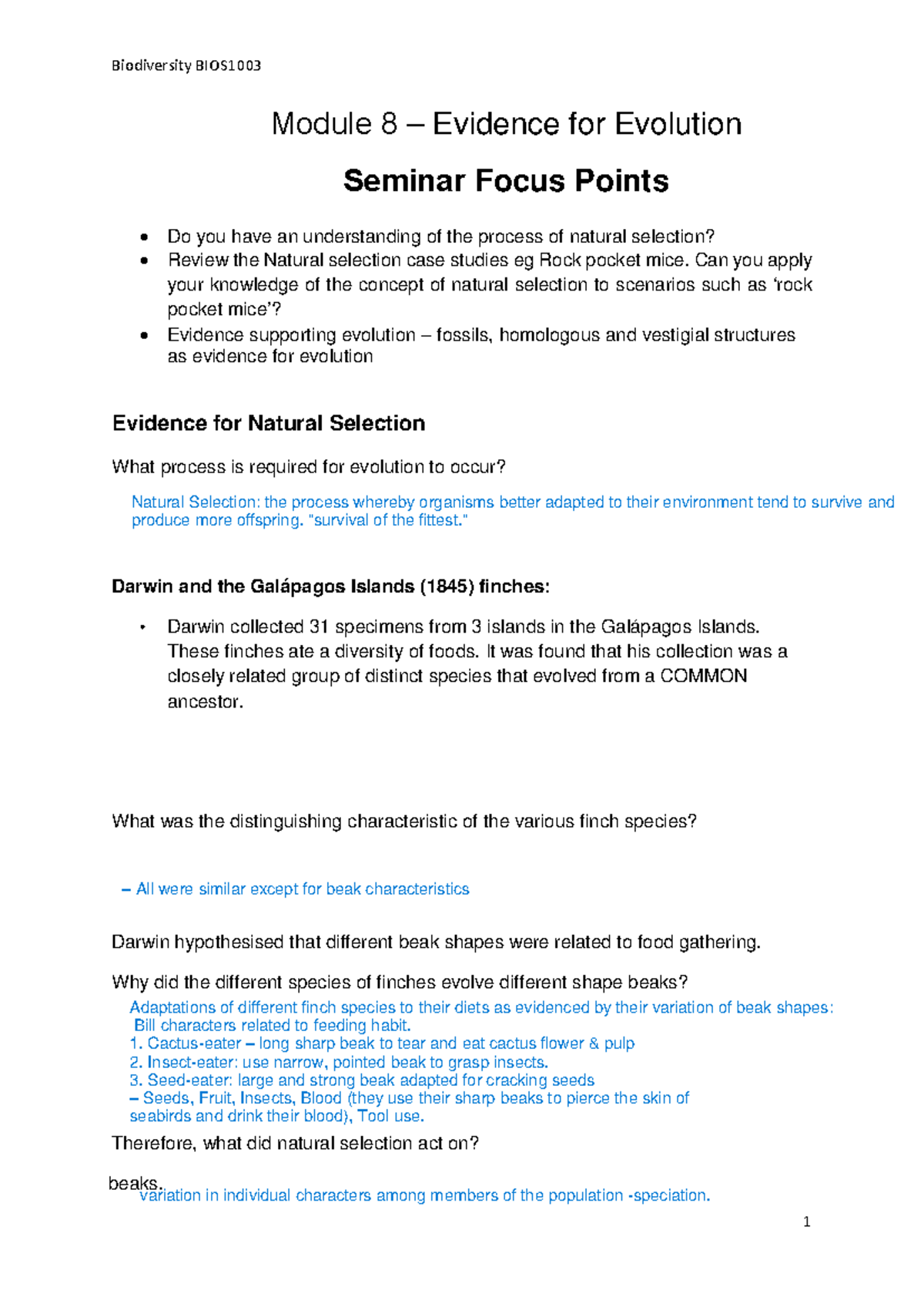 Module 8 Evolution - Module 8 – Evidence for Evolution Seminar Focus ...